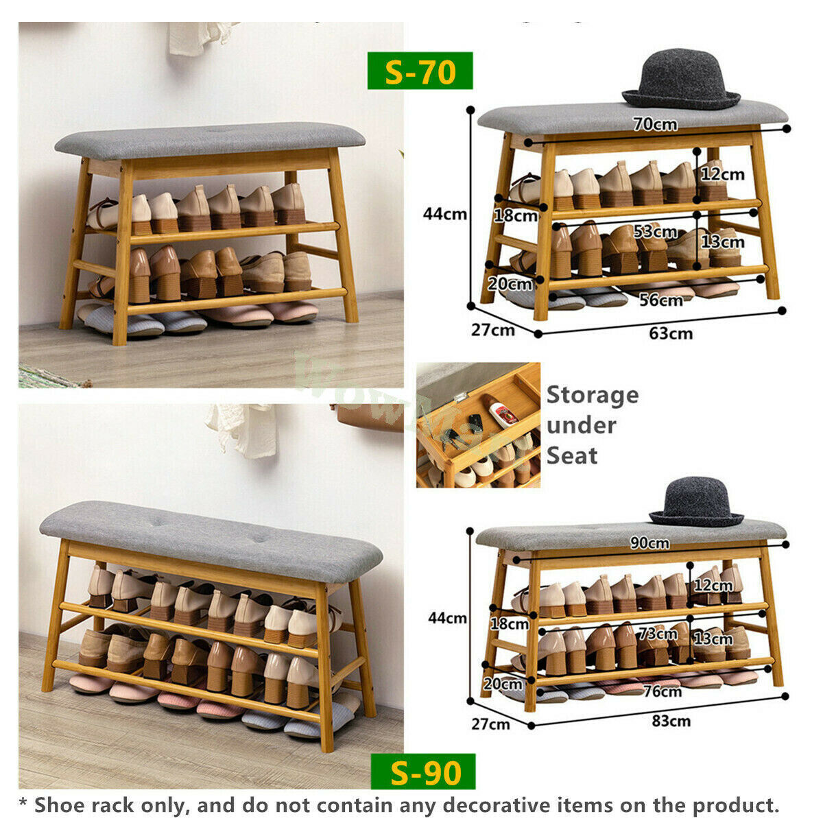 Bamboo Hallway 70/90cm Cushion Shoe Rack Bench Bedroom Bed End Ottoman ...