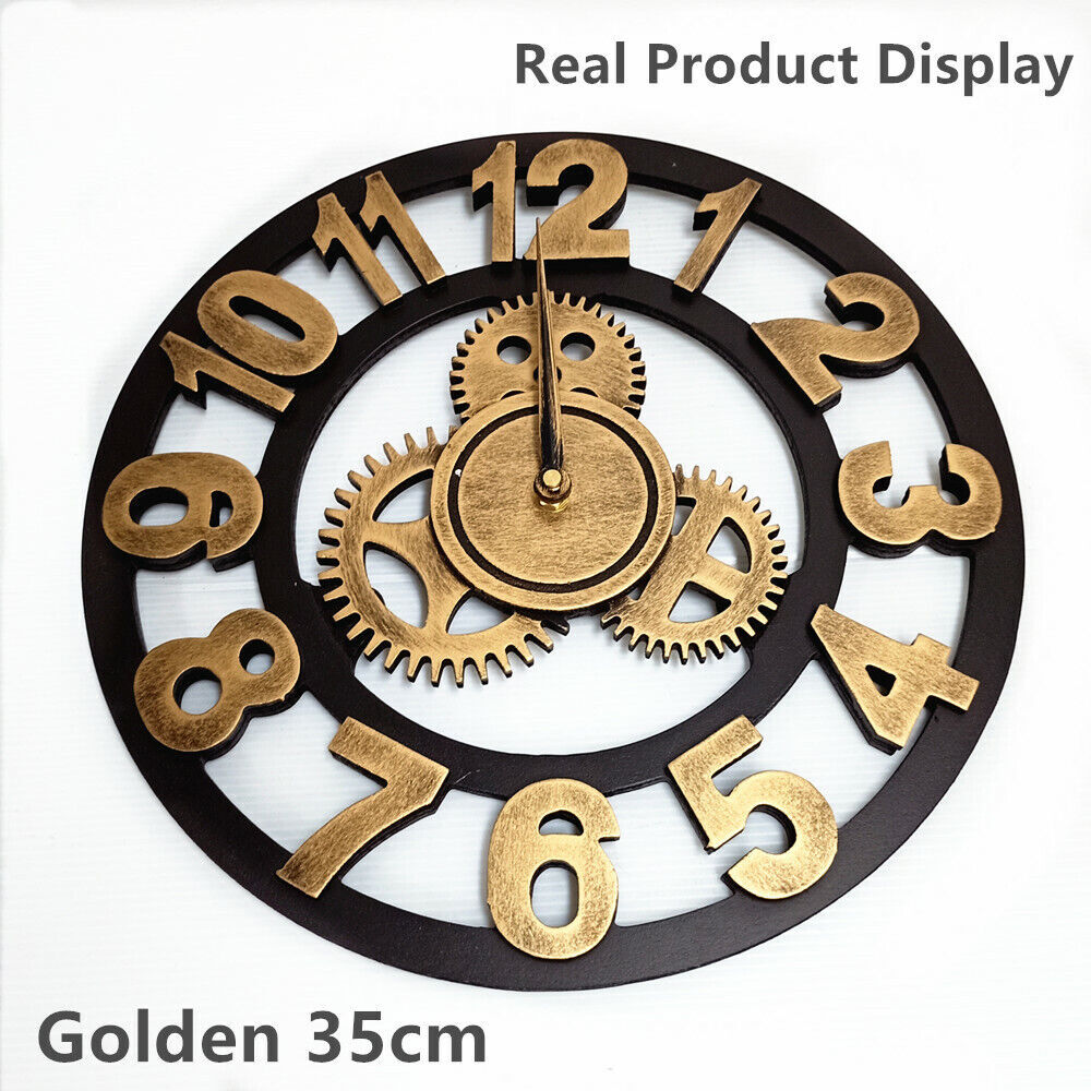 Wooden Wall Clock Industrial Skeleton Gear Decorative Vintage Retro ...